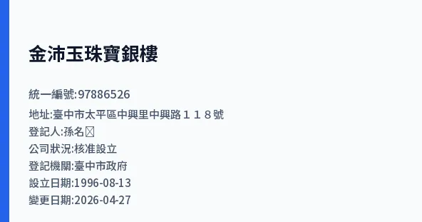 金沛玉珠寶銀樓的照片-統編 97886526(臺中市) 公司登記資料與營業項目詳細圖表