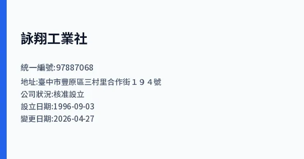 詠翔工業社的照片-統編 97887068(臺中市) 公司登記資料與營業項目詳細圖表