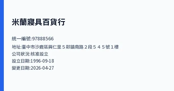 米蘭寢具百貨行的照片-統編 97888566(臺中市) 公司登記資料與營業項目詳細圖表