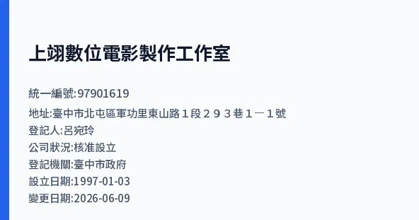 上翊數位電影製作工作室的照片-統編 97901619(臺中市) 公司登記資料與營業項目詳細圖表