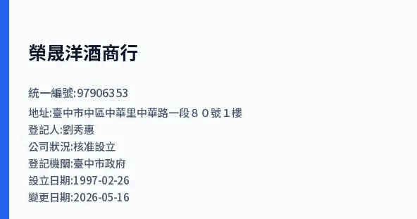 榮晟洋酒商行的照片-統編 97906353(臺中市) 公司登記資料與營業項目詳細圖表