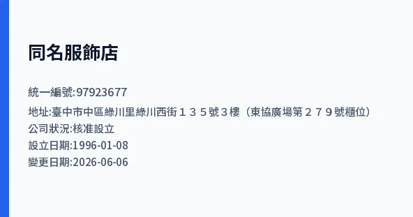 同名服飾店的照片-統編 97923677(臺中市) 公司登記資料與營業項目詳細圖表