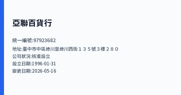 亞聯百貨行的照片-統編 97923682(臺中市) 公司登記資料與營業項目詳細圖表