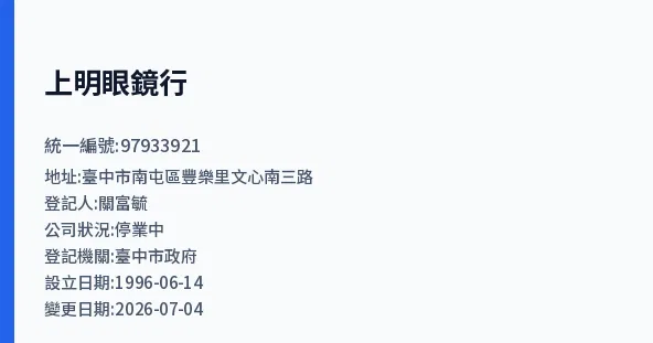 上明眼鏡行的照片-統編 97933921(臺中市) 公司登記資料與營業項目詳細圖表