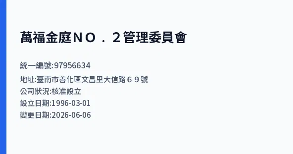 萬福金庭NO﹒2管理委員會的照片-統編 97956634(臺南市) 公司登記資料與營業項目詳細圖表
