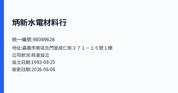 炳新水電材料行的照片-統編 98049626(嘉義市) 公司登記資料與營業項目詳細圖表