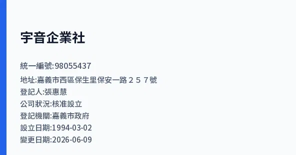 宇音企業社的照片-統編 98055437(嘉義市) 公司登記資料與營業項目詳細圖表