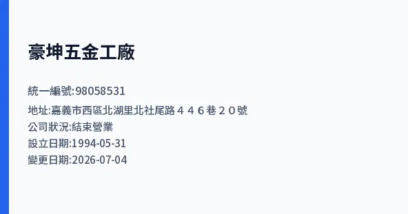 豪坤五金工廠的照片-統編 98058531(嘉義市) 公司登記資料與營業項目詳細圖表