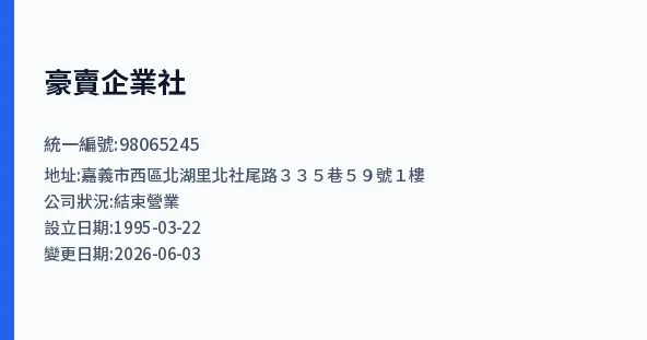 豪賣企業社的照片-統編 98065245(嘉義市) 公司登記資料與營業項目詳細圖表