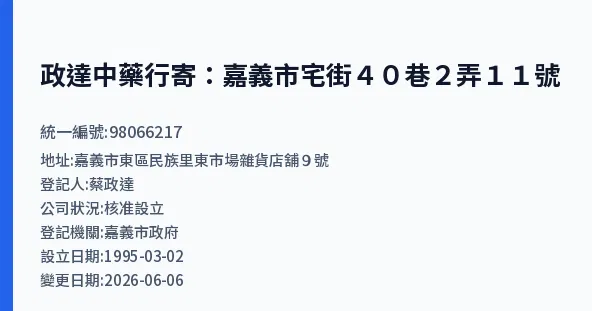政達中藥行寄:嘉義市宅街40巷2弄11號的照片-統編 98066217(嘉義市) 公司登記資料與營業項目詳細圖表