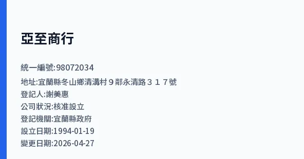 亞至商行的照片-統編 98072034(宜蘭縣) 公司登記資料與營業項目詳細圖表