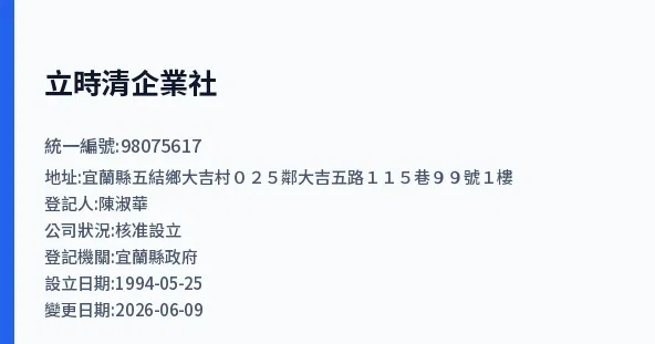 立時清企業社的照片-統編 98075617(宜蘭縣) 公司登記資料與營業項目詳細圖表