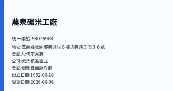 農泉碾米工廠的照片-統編 98076968(宜蘭縣) 公司登記資料與營業項目詳細圖表