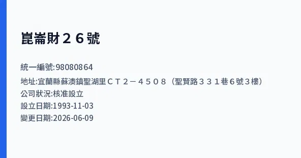 崑崙財26號的照片-統編 98080864(宜蘭縣) 公司登記資料與營業項目詳細圖表