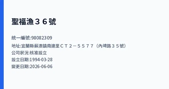 聖福漁36號的照片-統編 98082309(宜蘭縣) 公司登記資料與營業項目詳細圖表