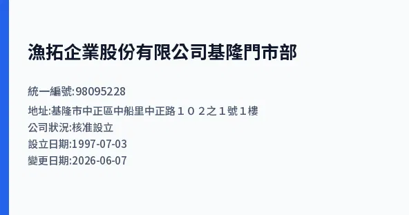 漁拓企業股份有限公司基隆門市部的照片-統編 98095228(基隆市) 公司登記資料與營業項目詳細圖表