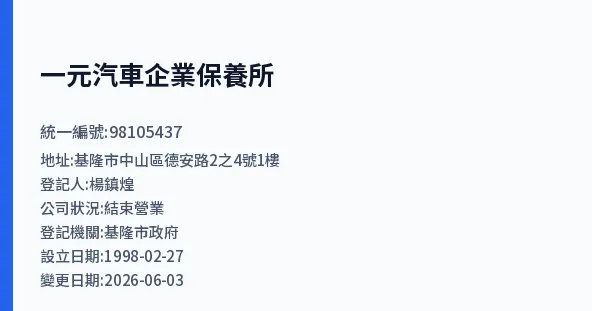 一元汽車企業保養所的照片-統編 98105437(基隆市) 公司登記資料與營業項目詳細圖表