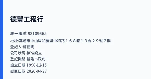 德豐工程行的照片-統編 98109665(基隆市) 公司登記資料與營業項目詳細圖表