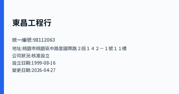 東昌工程行的照片-統編 98112063(桃園市) 公司登記資料與營業項目詳細圖表