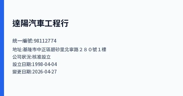 達陽汽車工程行的照片-統編 98112774(基隆市) 公司登記資料與營業項目詳細圖表