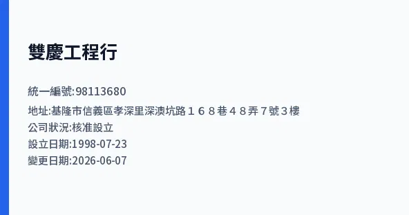雙慶工程行的照片-統編 98113680(基隆市) 公司登記資料與營業項目詳細圖表