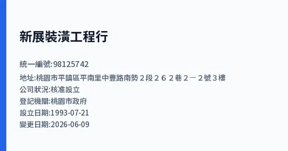 新展裝潢工程行的照片-統編 98125742(桃園市) 公司登記資料與營業項目詳細圖表