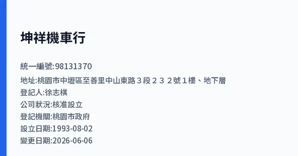 坤祥機車行的照片-統編 98131370(桃園市) 公司登記資料與營業項目詳細圖表