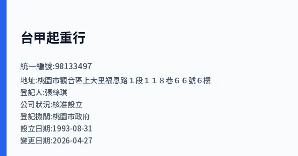 台甲起重行的照片-統編 98133497(桃園市) 公司登記資料與營業項目詳細圖表