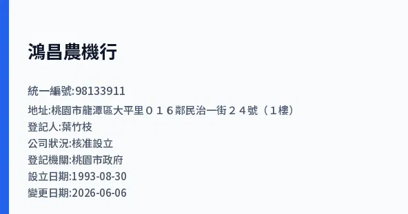 鴻昌農機行的照片-統編 98133911(桃園市) 公司登記資料與營業項目詳細圖表