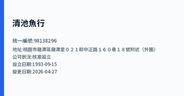清池魚行的照片-統編 98138296(桃園市) 公司登記資料與營業項目詳細圖表