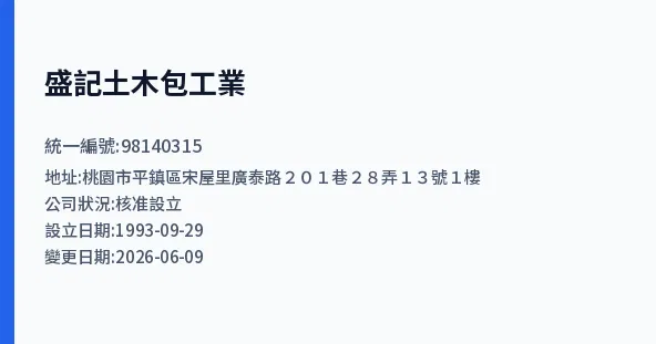盛記土木包工業的照片-統編 98140315(桃園市) 公司登記資料與營業項目詳細圖表