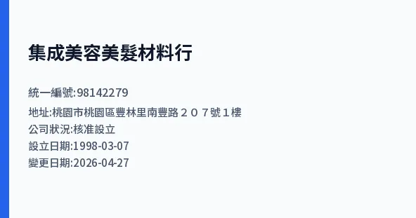 集成美容美髮材料行的照片-統編 98142279(桃園市) 公司登記資料與營業項目詳細圖表