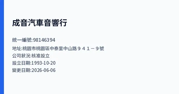 成音汽車音響行的照片-統編 98146394(桃園市) 公司登記資料與營業項目詳細圖表