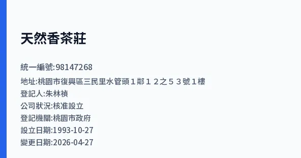 天然香茶莊的照片-統編 98147268(桃園市) 公司登記資料與營業項目詳細圖表