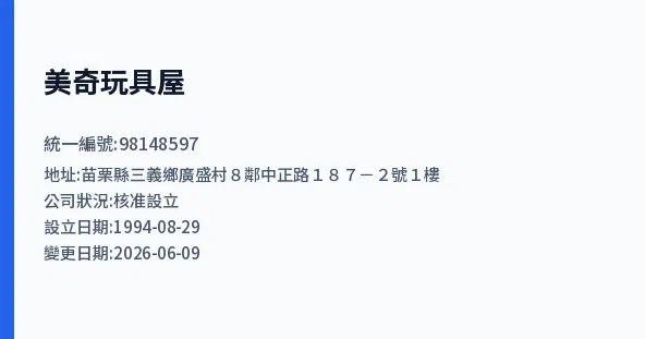 美奇玩具屋的照片-統編 98148597(苗栗縣) 公司登記資料與營業項目詳細圖表