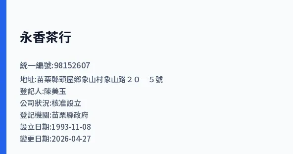 永香茶行的照片-統編 98152607(苗栗縣) 公司登記資料與營業項目詳細圖表