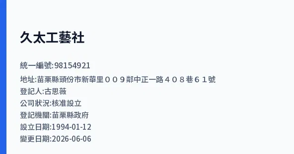 久太工藝社的照片-統編 98154921(苗栗縣) 公司登記資料與營業項目詳細圖表