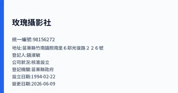 玫瑰攝影社的照片-統編 98156272(苗栗縣) 公司登記資料與營業項目詳細圖表