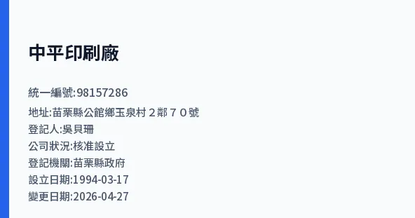 中平印刷廠的照片-統編 98157286(苗栗縣) 公司登記資料與營業項目詳細圖表