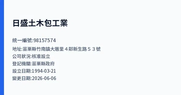日盛土木包工業的照片-統編 98157574(苗栗縣) 公司登記資料與營業項目詳細圖表