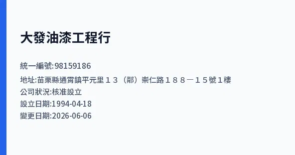 大發油漆工程行的照片-統編 98159186(苗栗縣) 公司登記資料與營業項目詳細圖表