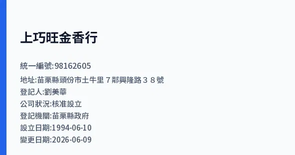 上巧旺金香行的照片-統編 98162605(苗栗縣) 公司登記資料與營業項目詳細圖表