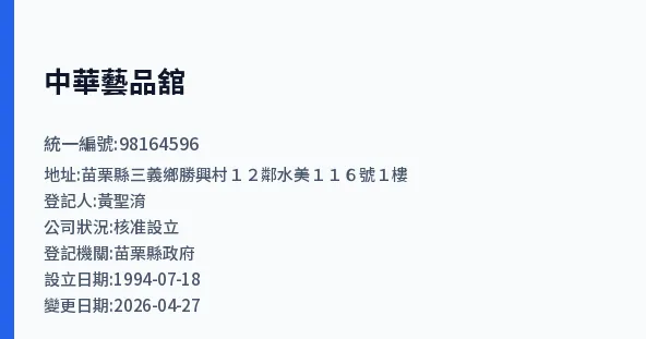 中華藝品舘的照片-統編 98164596(苗栗縣) 公司登記資料與營業項目詳細圖表