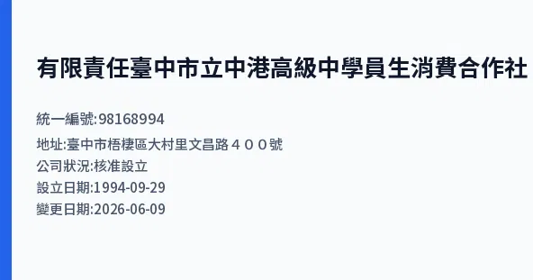 有限責任臺中市立中港高級中學員生消費合作社的照片-統編 98168994(臺中市) 公司登記資料與營業項目詳細圖表