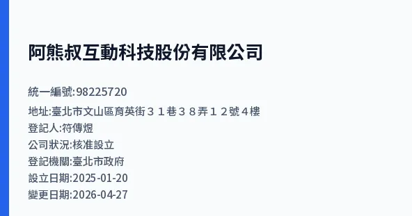 阿熊叔互動科技股份有限公司的照片-統編 98225720(臺北市) 公司登記資料與營業項目詳細圖表