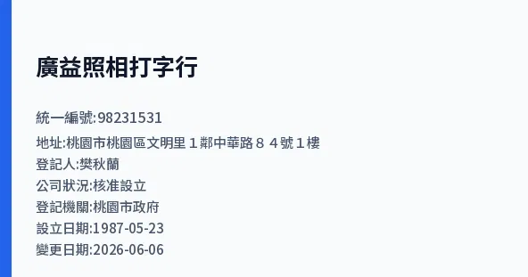 廣益照相打字行的照片-統編 98231531(桃園市) 公司登記資料與營業項目詳細圖表