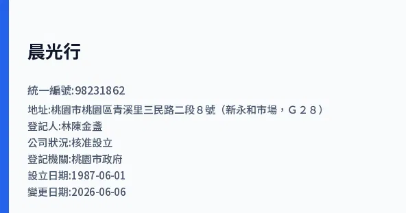 晨光行的照片-統編 98231862(桃園市) 公司登記資料與營業項目詳細圖表