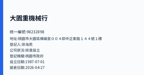 大園重機械行的照片-統編 98232898(桃園市) 公司登記資料與營業項目詳細圖表