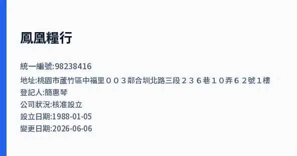 鳳凰糧行的照片-統編 98238416(桃園市) 公司登記資料與營業項目詳細圖表