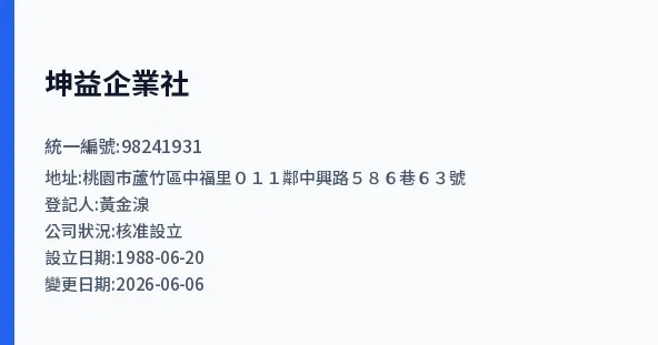 坤益企業社的照片-統編 98241931(桃園市) 公司登記資料與營業項目詳細圖表